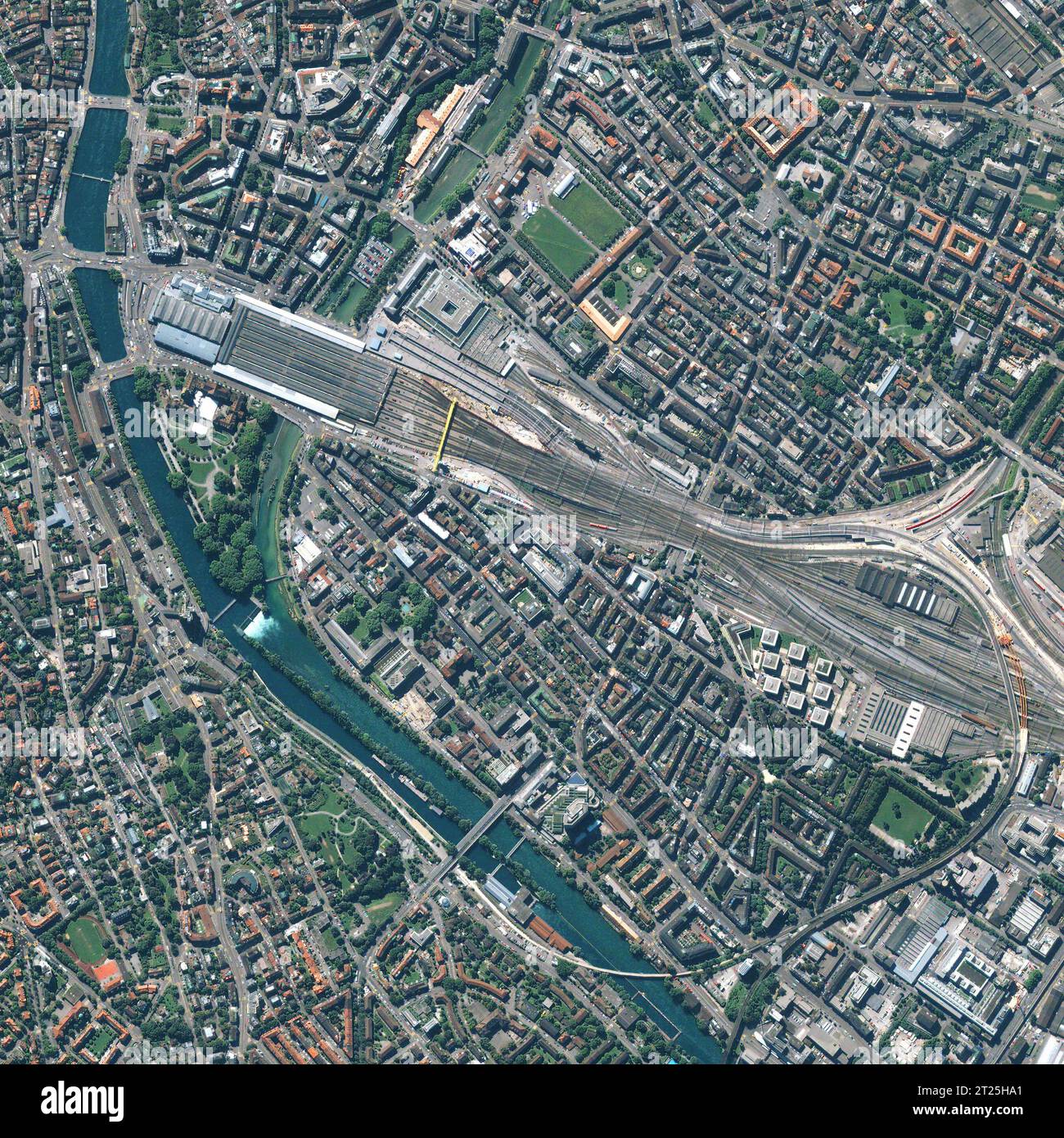 Street, buildings and top view of earth map with nature, water and ...