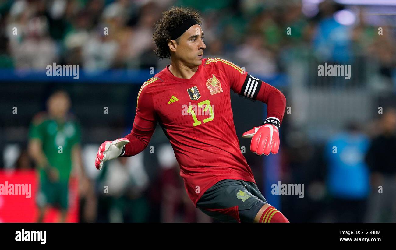 Mexico goalkeeper Guillermo Ochoa makes a pass during the first half of ...