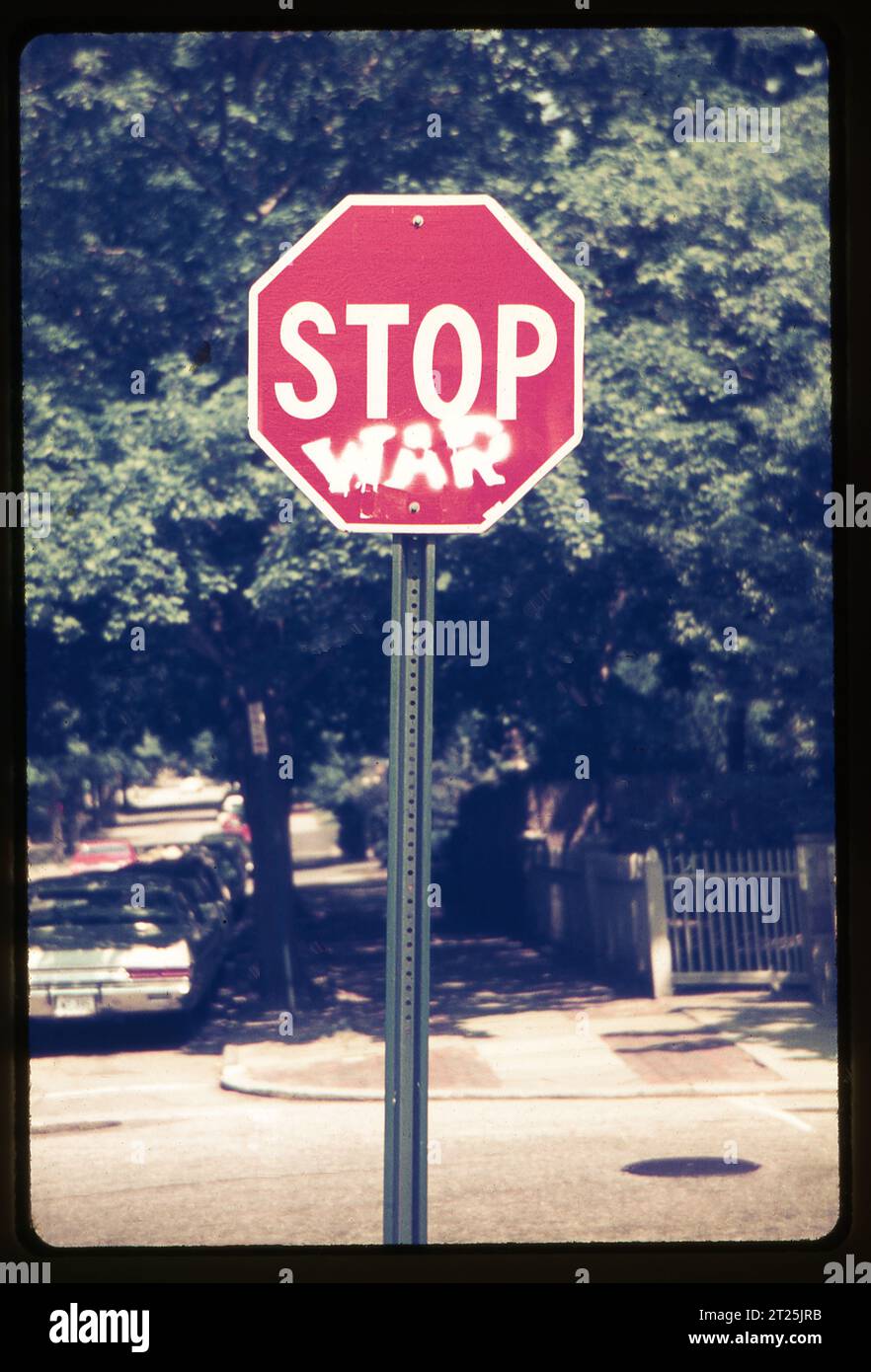 A 1973 stop sign that's been modified to be a stop war sign. In Park ...