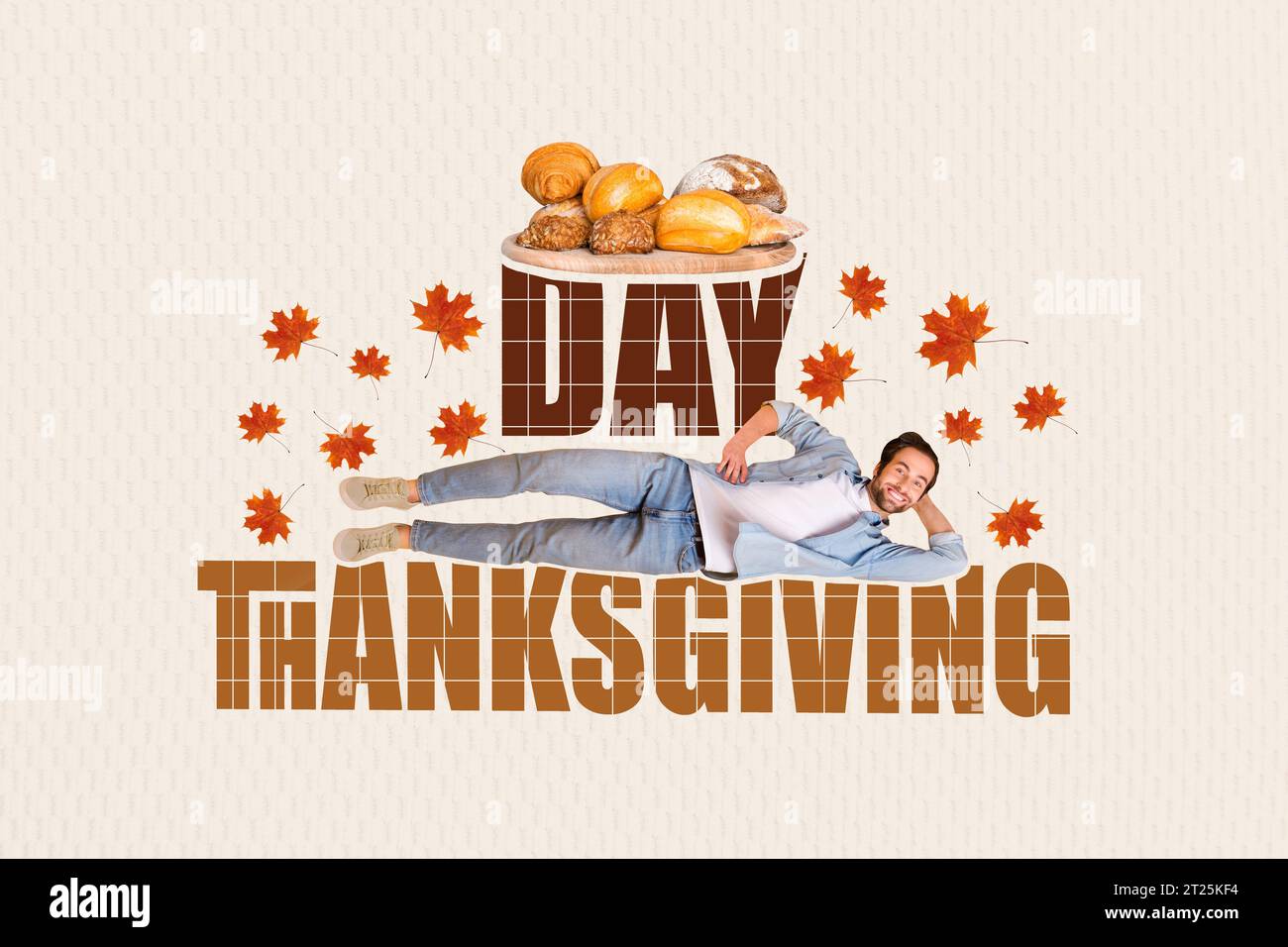 Artwork collage picture of funky positive guy lying thanksgiving day ...