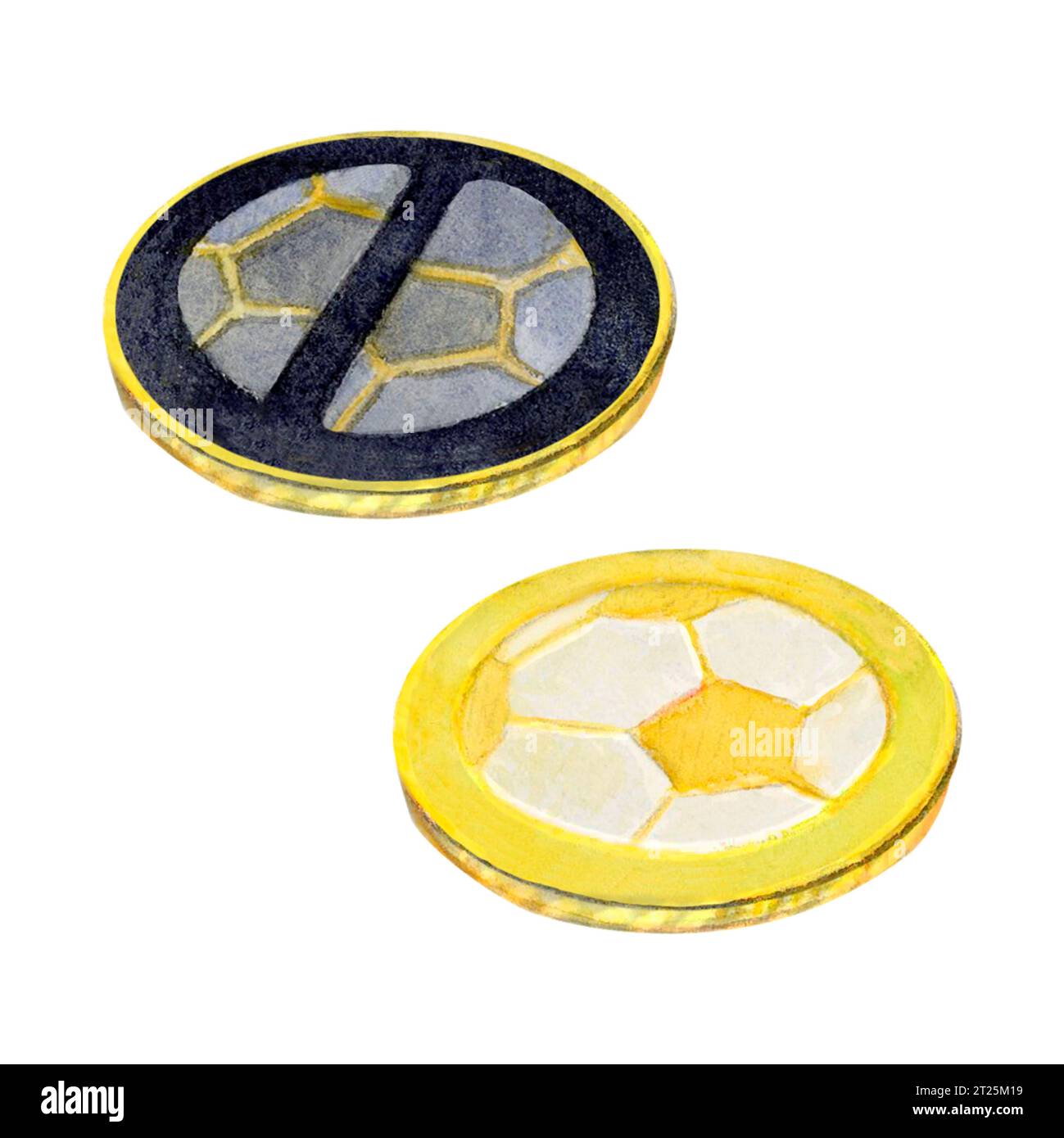 Watercolor drawing of set of collection football coins with ball in the ...