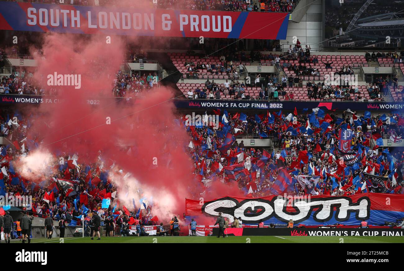 Crystal Palace fans waving flags, balloons & a smoke flare as part of a ...