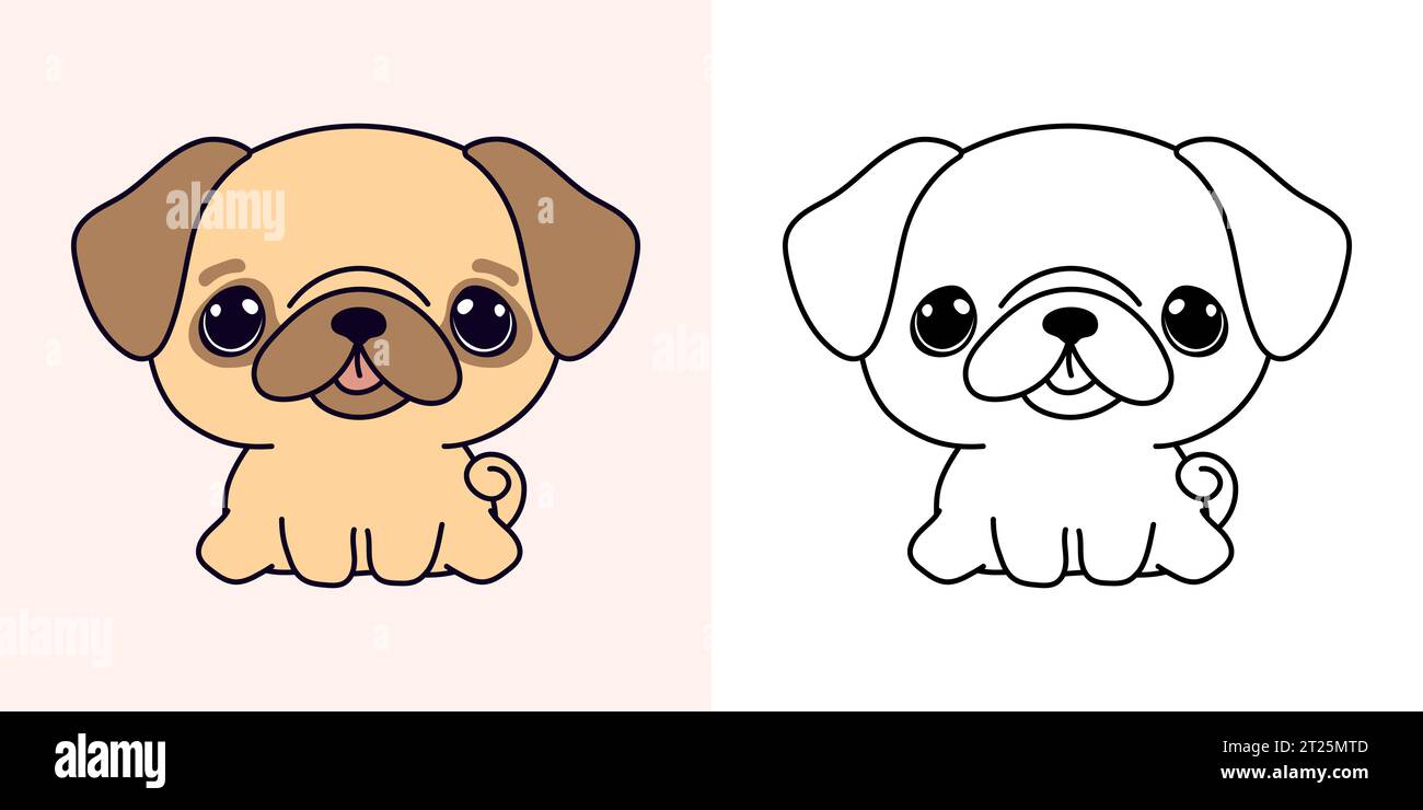 Cute Pug Dog Clipart Illustration and Black and White. Kawaii Clip Art ...