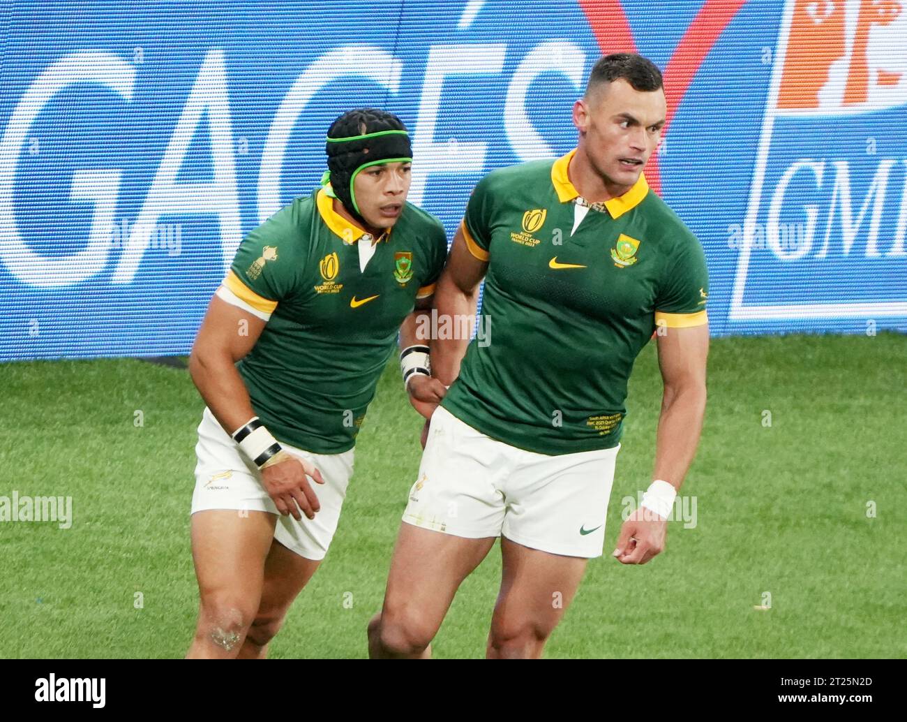 Cheslin Kolbe of South Africa celebrates a try with Jesse Kriel during ...