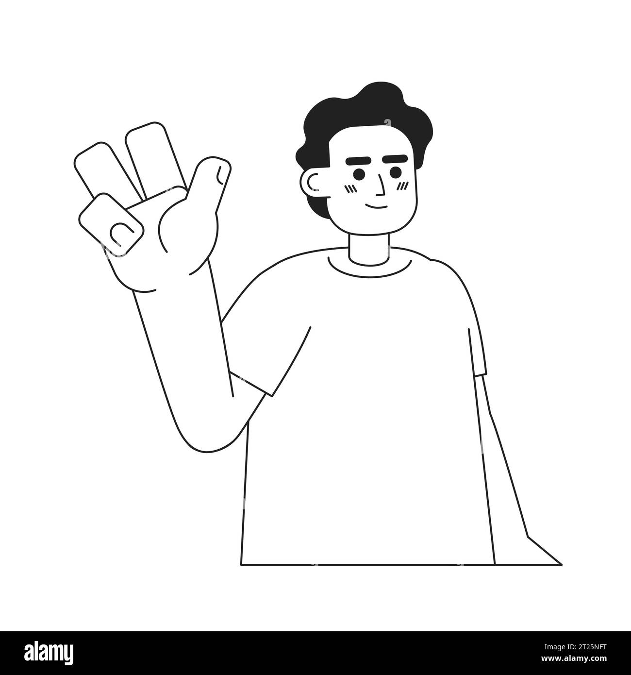 Muslim man showing victory sign monochromatic flat vector character ...