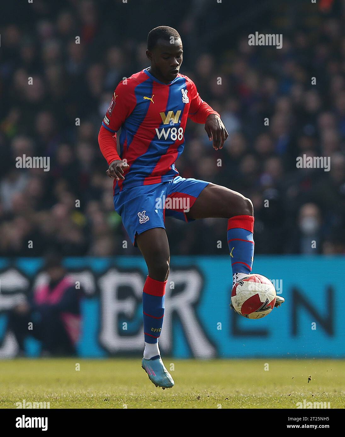 Tyrick Mitchell of Crystal Palace on the ball against Everton ...