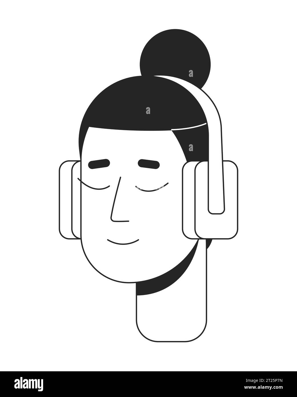 Relaxed Headphones Man With Samurai Hairstyle Black And White 2d Line Cartoon Character Head