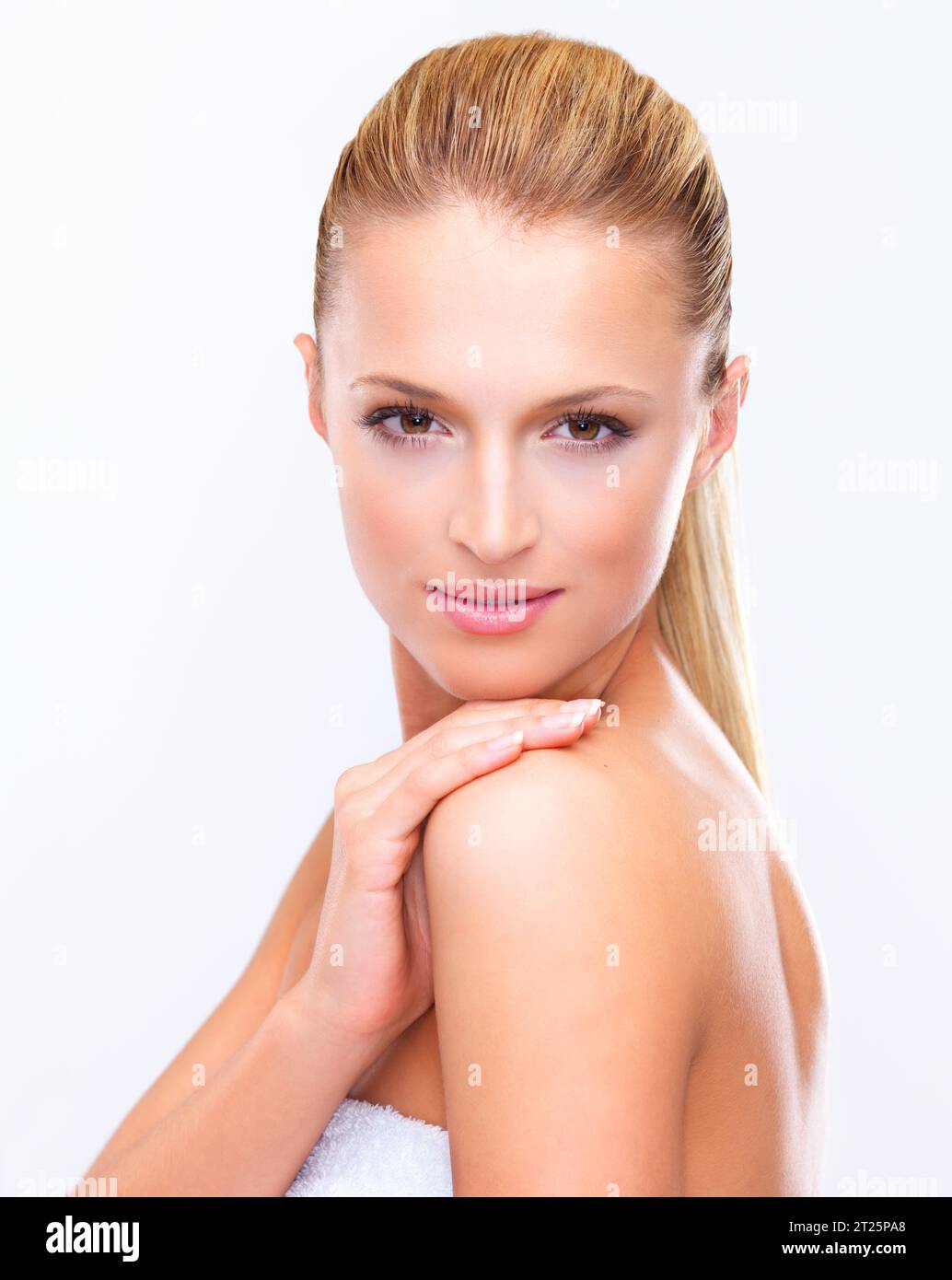 Portrait, beauty and skin of a woman in studio on a white background ...