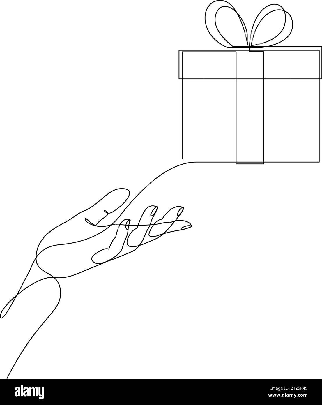 Human hand giving a gift box drawn by continuous line. One line art ...