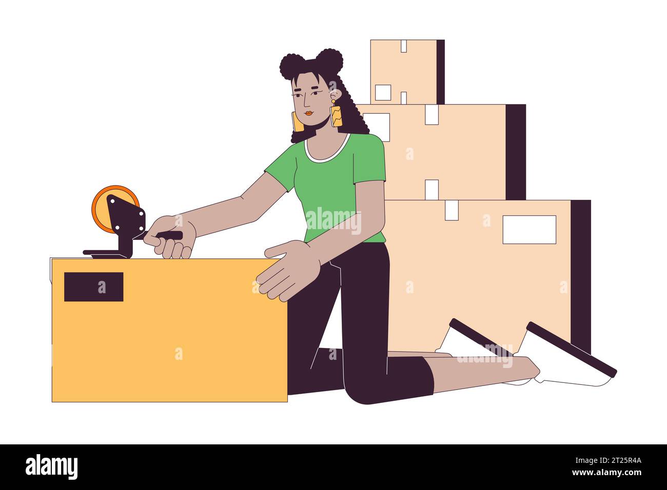 Hispanic girl packing moving boxes line cartoon flat illustration Stock ...