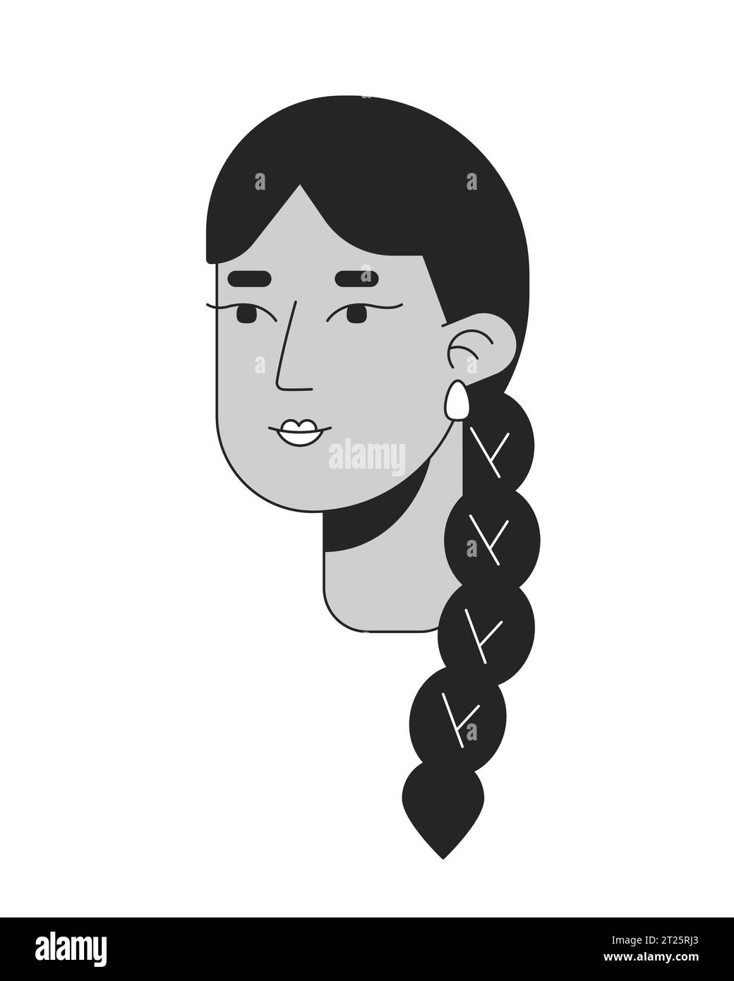 South asian woman with long braid black and white 2D line cartoon ...