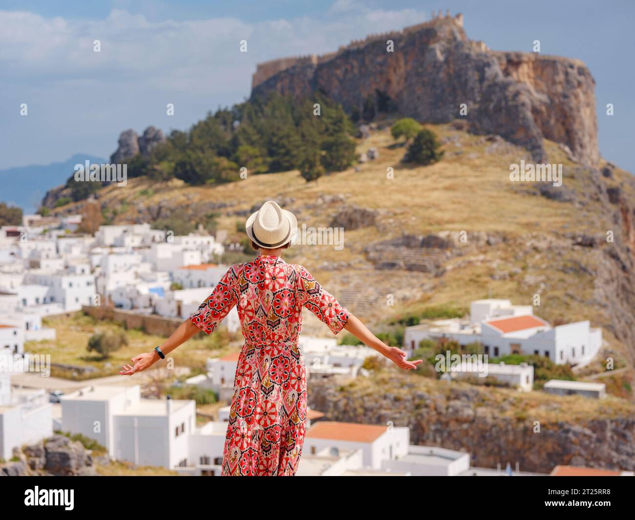 Nice Happy Female Enjoying Greek Islands. Travel to Greece ...