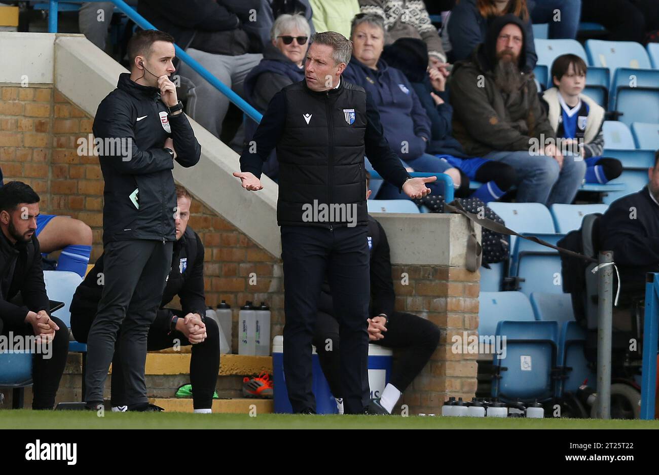 Neil Harris Manager of Gillingham looks frustrated with a decision from ...