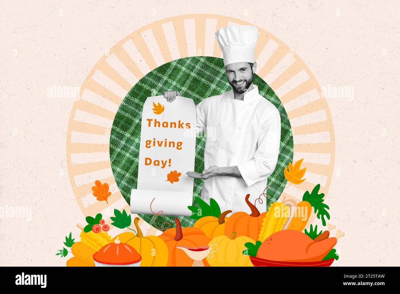 Collage poster image of happy smiling man chef hand showing postcard ...