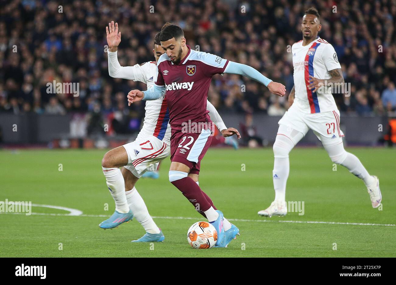 Said Benrahma of West Ham United on the ball taking on Malo Gusto of ...
