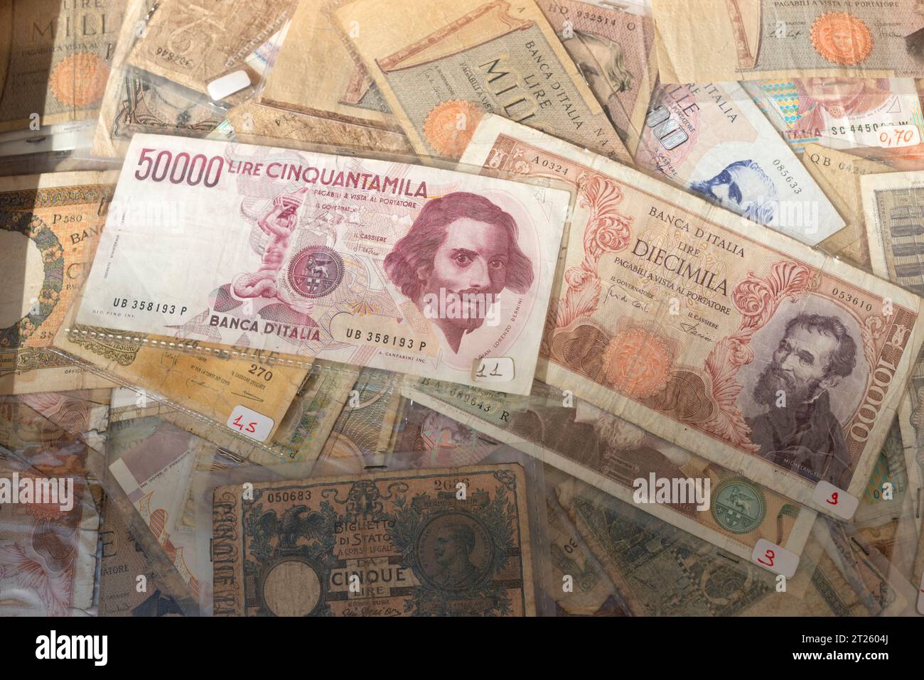Italy, Lombardy, Italian Banknotes out of Order at Flea Market Stock ...