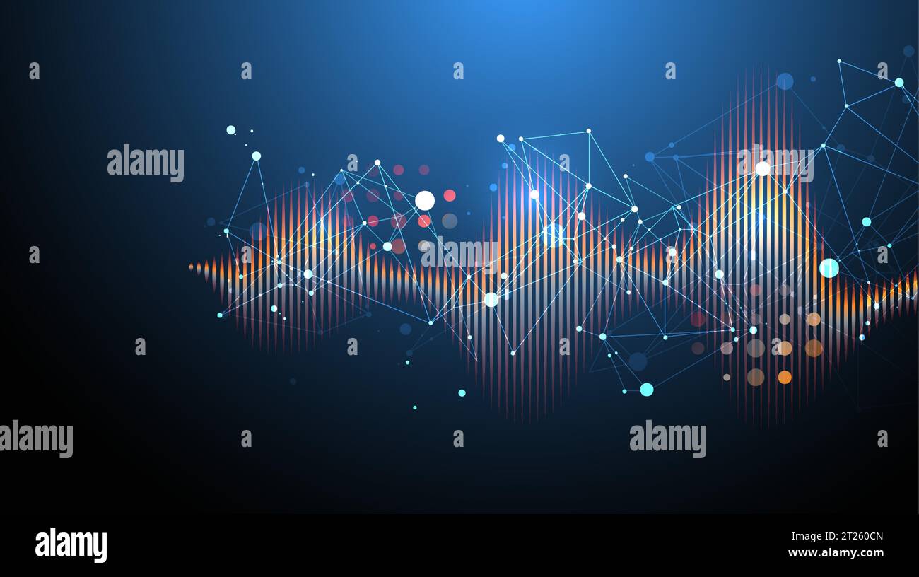 Sound wave with plexus effect. Dynamic vibration wallpaper. Frequency pulse modulation vector ...