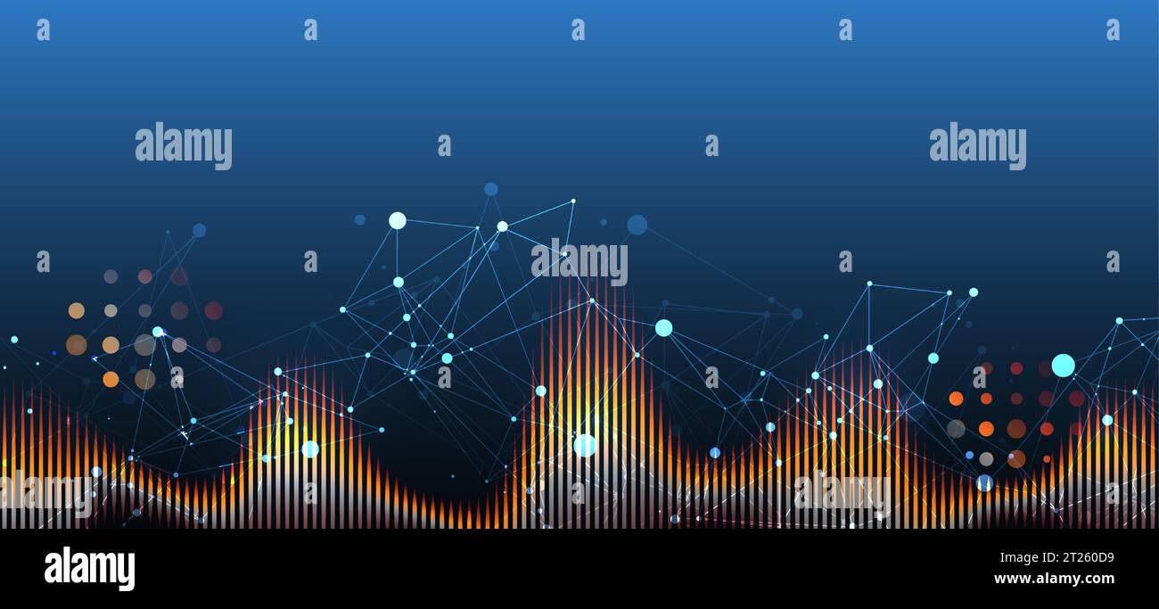 Sound wave with plexus effect. Dynamic vibration wallpaper. Frequency pulse modulation vector ...