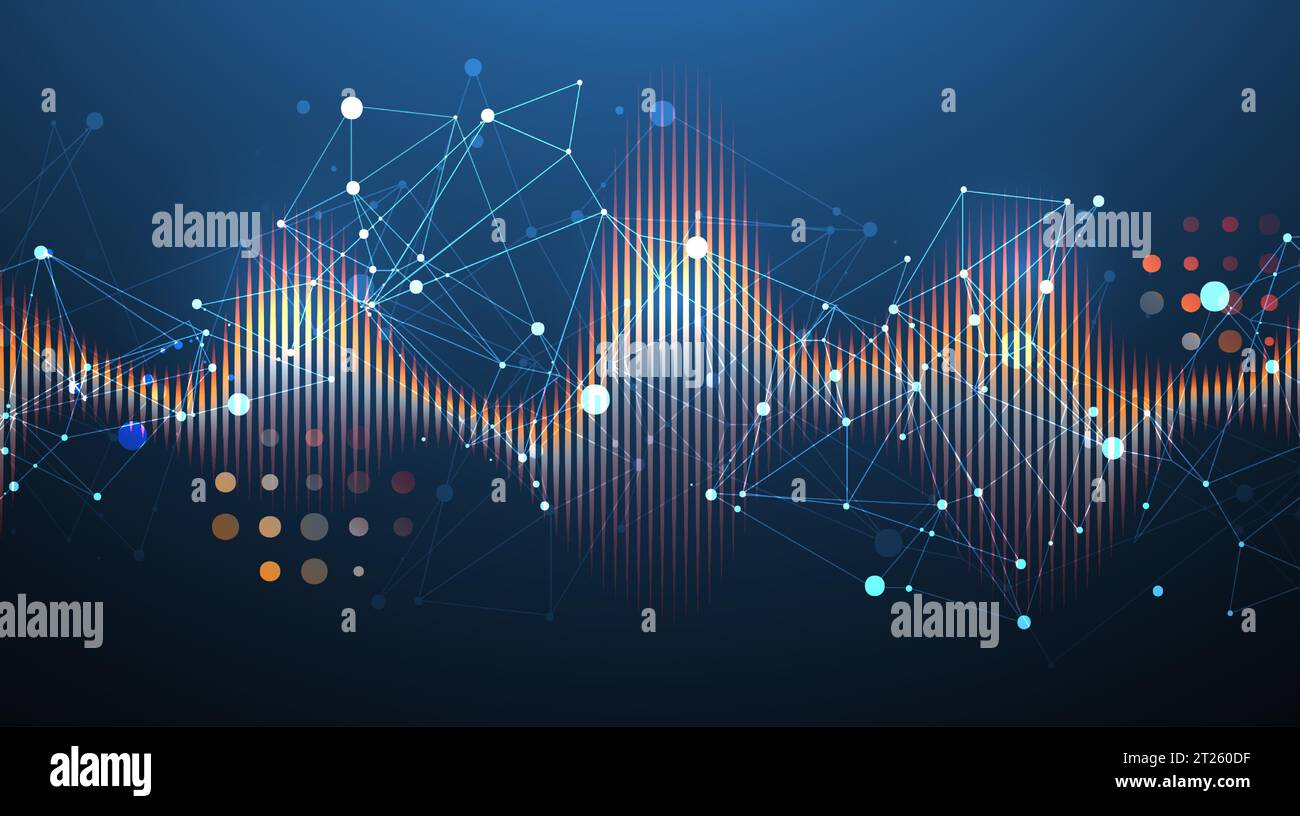 Sound wave with plexus effect. Dynamic vibration wallpaper. Frequency pulse modulation vector ...