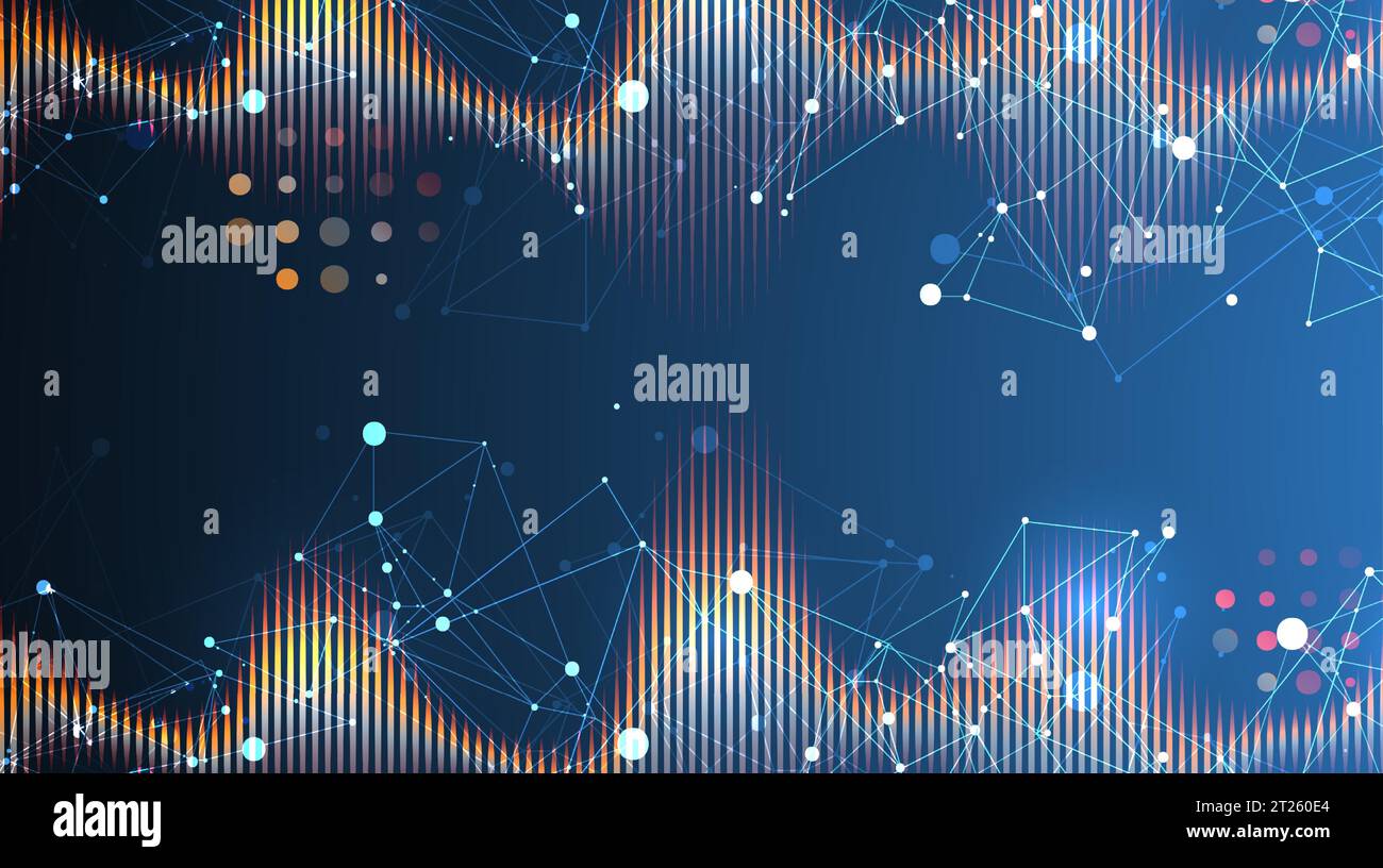 Sound wave with plexus effect. Dynamic vibration wallpaper. Frequency pulse modulation vector ...