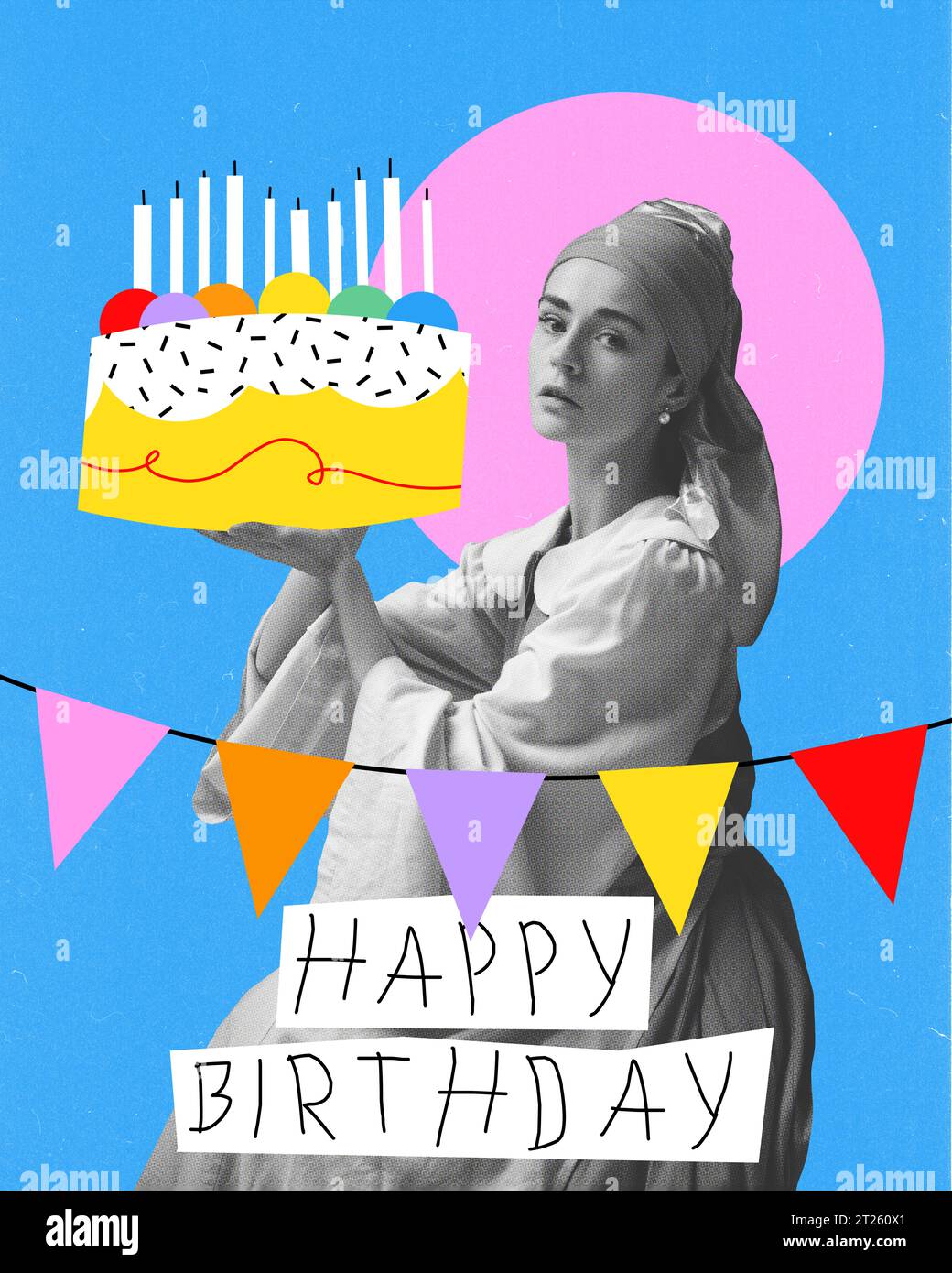 Elegant, beautiful woman, medieval person holding big cake with candles ...