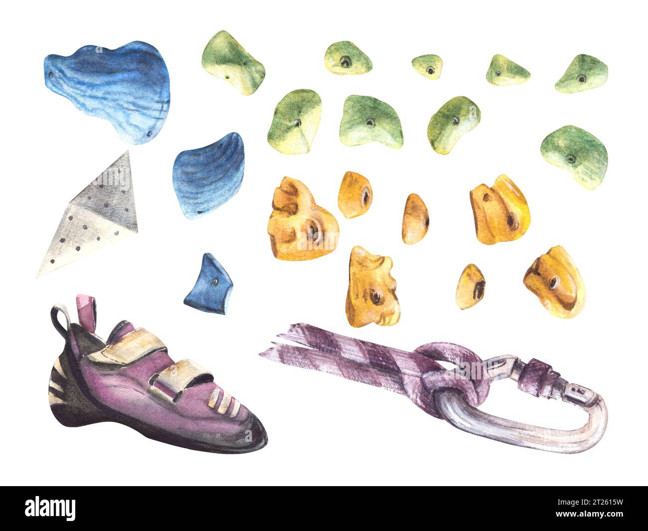 Climbing, bouldering sport equipment set. Shoe, different stones, grips ...