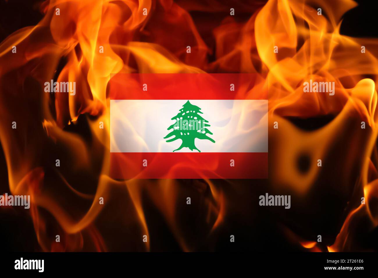 Flag of Lebanon on the flame fire background. War or protests in ...