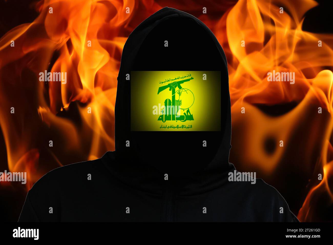 Flag of Hezbollah terrorist on the silhouette man background. War or ...