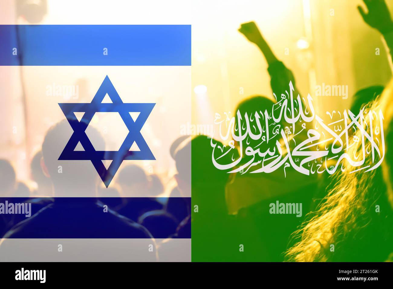 Israel and Hamas flags on a people protest background. Israel and Hamas ...