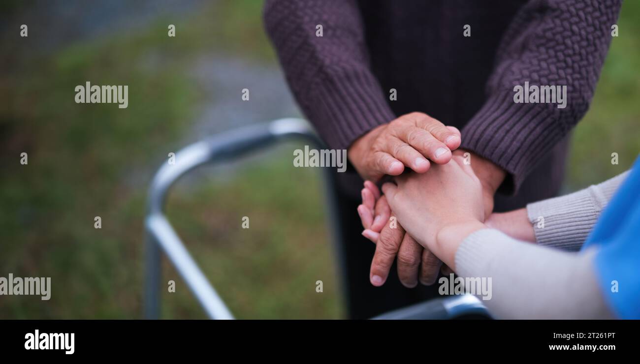 Empathy, trust and nurse caregiver holding hands with patient ...
