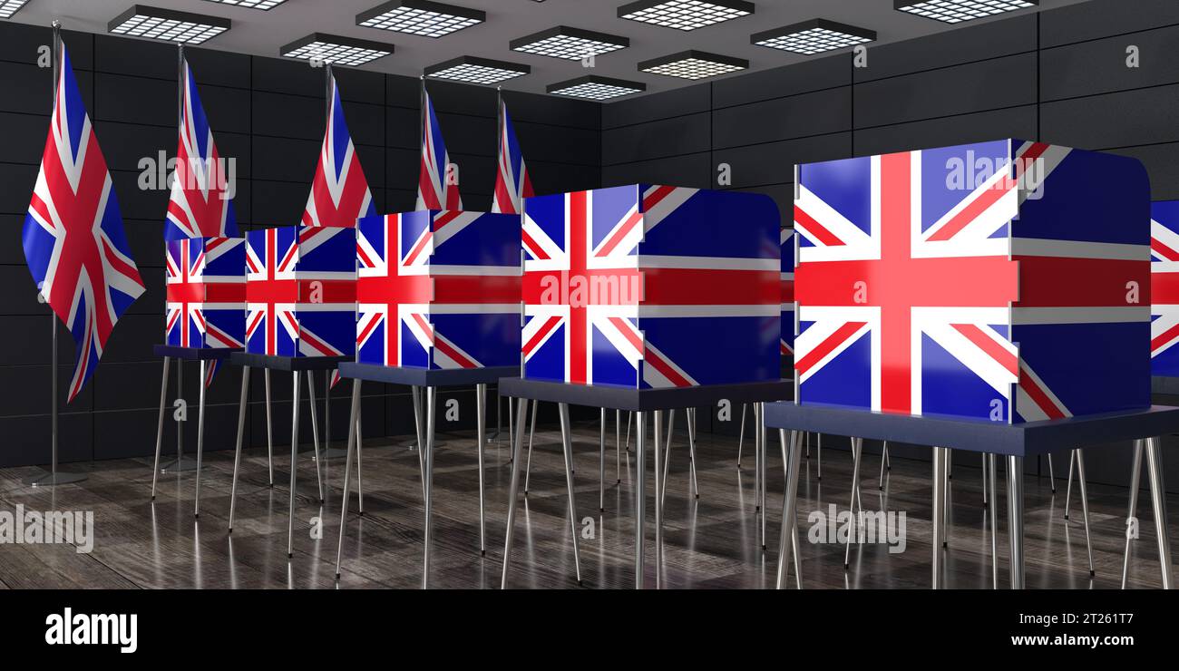United Kingdom - voting booths and national flags in polling station ...
