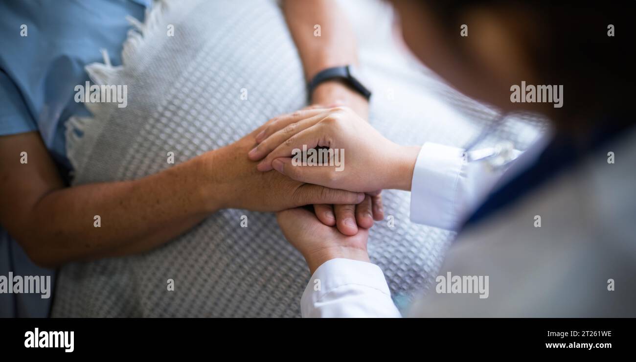 Empathy, trust and nurse caregiver holding hands with patient ...