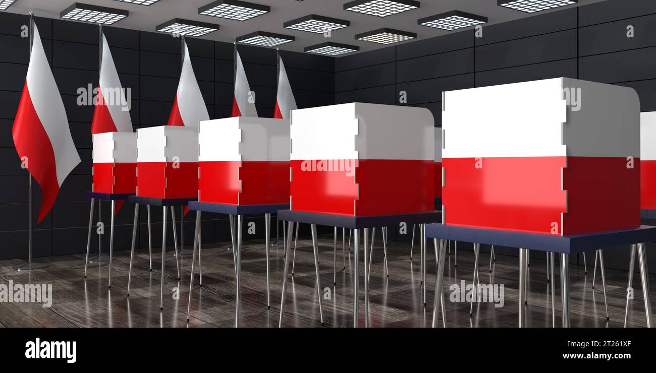 Poland - voting booths and national flags in polling station - election ...