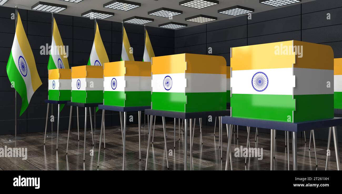 India - voting booths and national flags in polling station - election ...