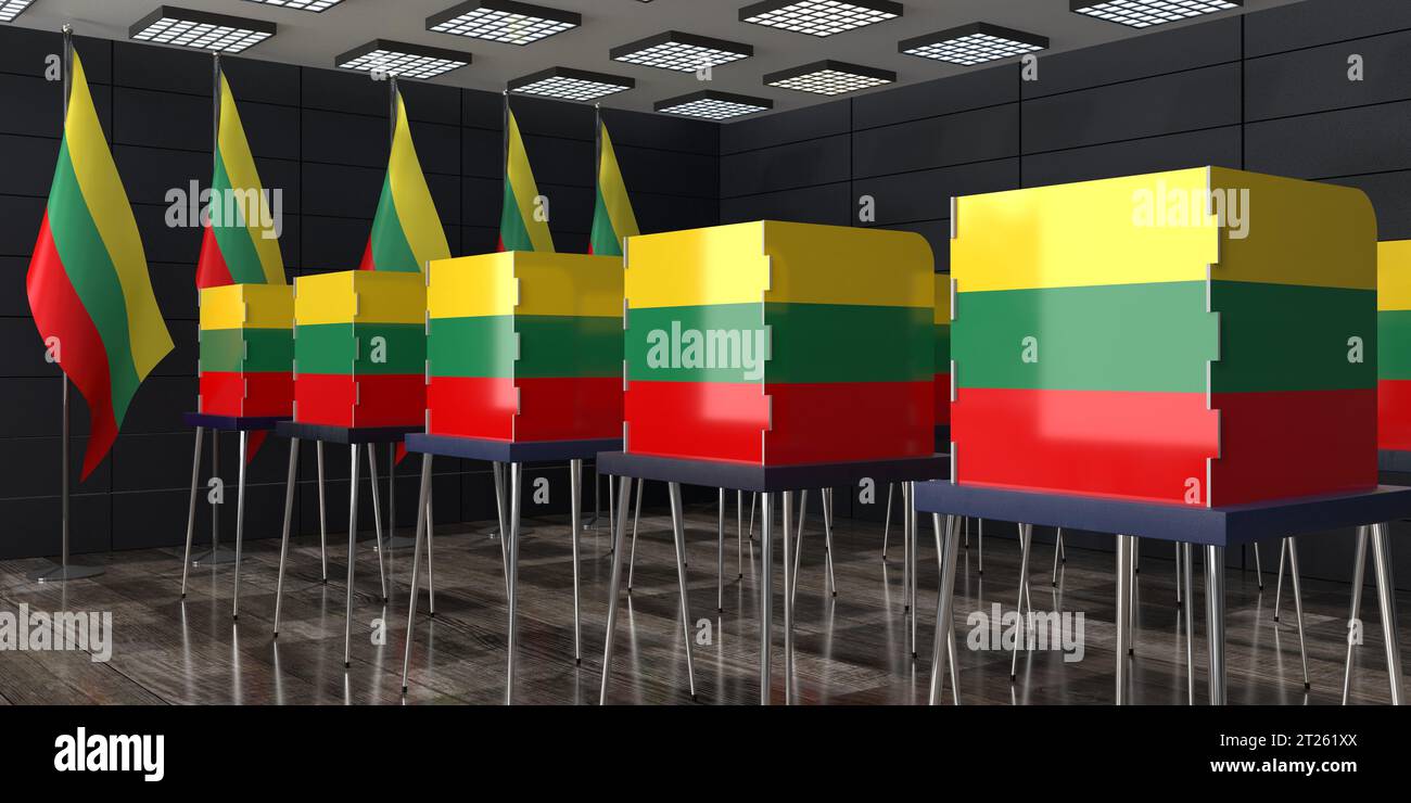 Lithuania - voting booths and national flags in polling station ...