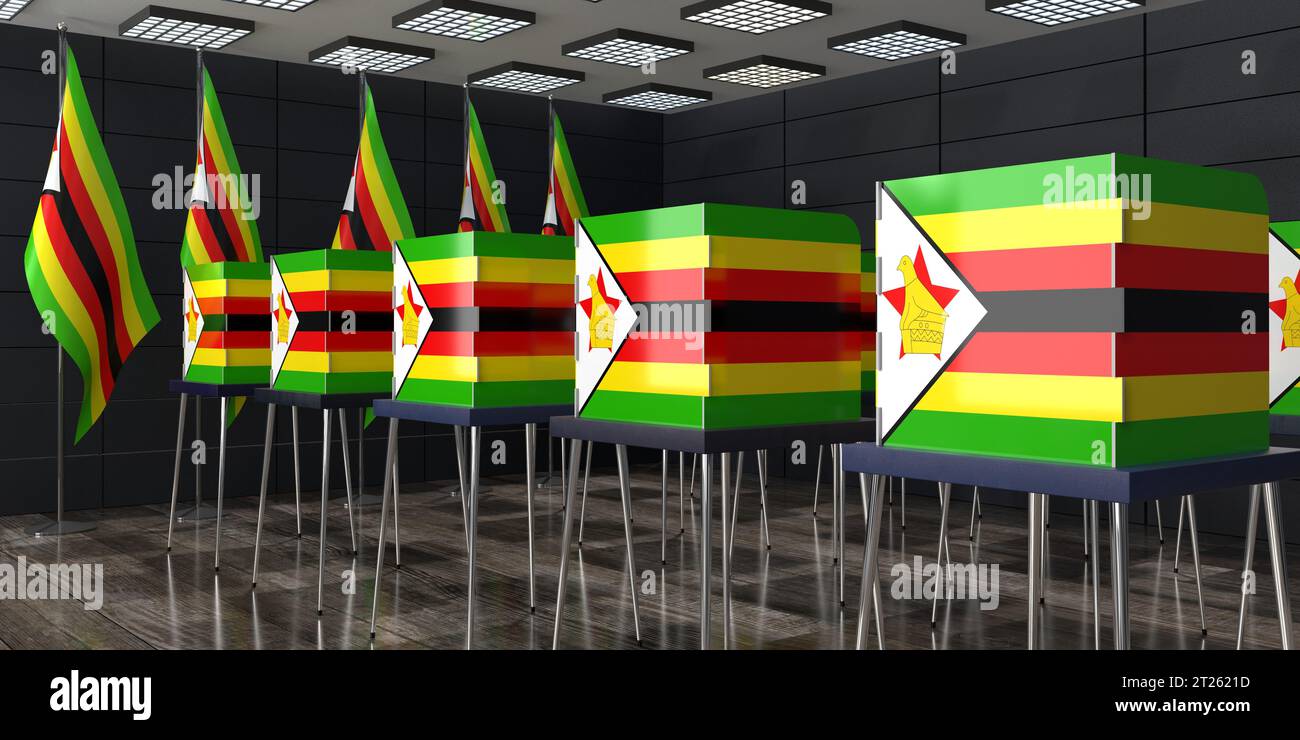 Zimbabwe - voting booths and national flags in polling station ...