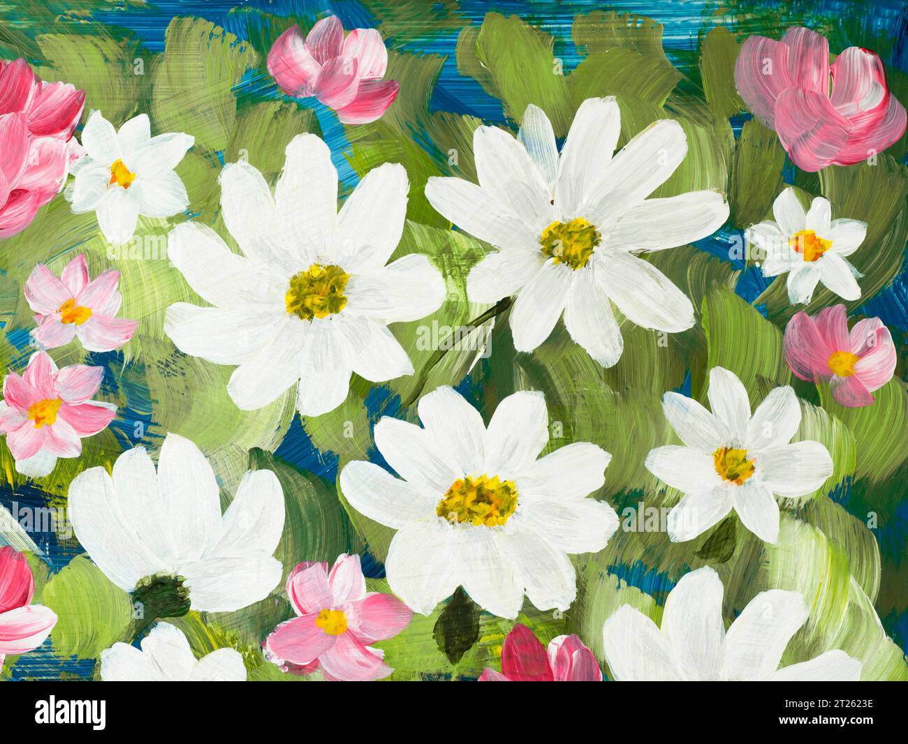 Abstract daisy flowers, original hand drawn, impressionism style, color ...