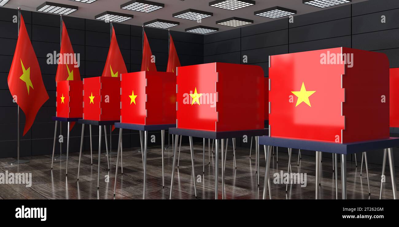 Vietnam - voting booths and national flags in polling station ...