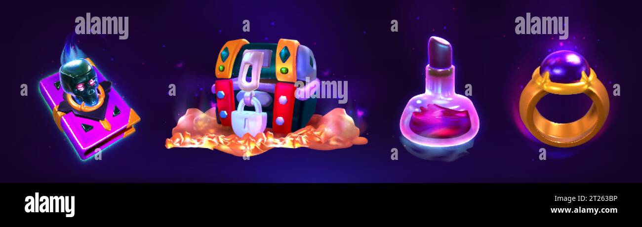 Fantasy props, game assets cartoon vector set. Potion bottle, magic ...