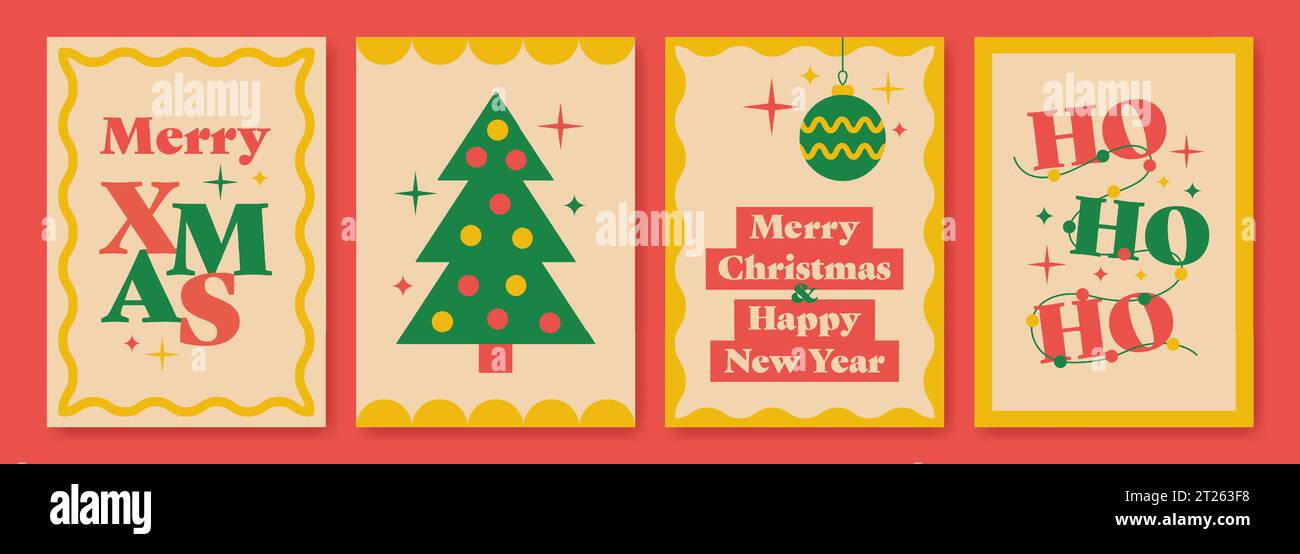 Merry Christmas and Happy New Year posters in retro groovy 1970s style ...