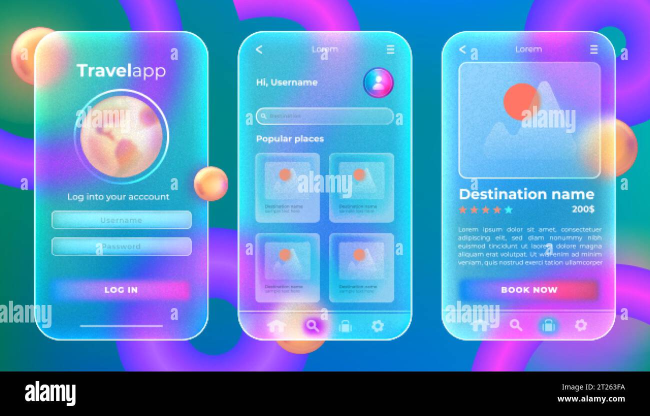 Travel app web page gui design in glassmorphism style. Mobile ui kits ...
