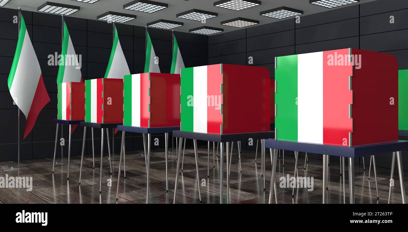 Italy - voting booths and national flags in polling station - election ...