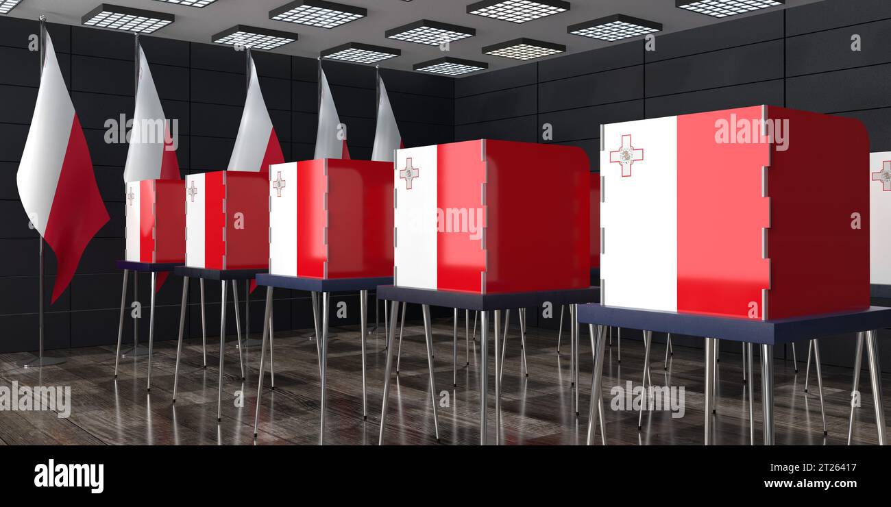 Malta - voting booths and national flags in polling station - election ...