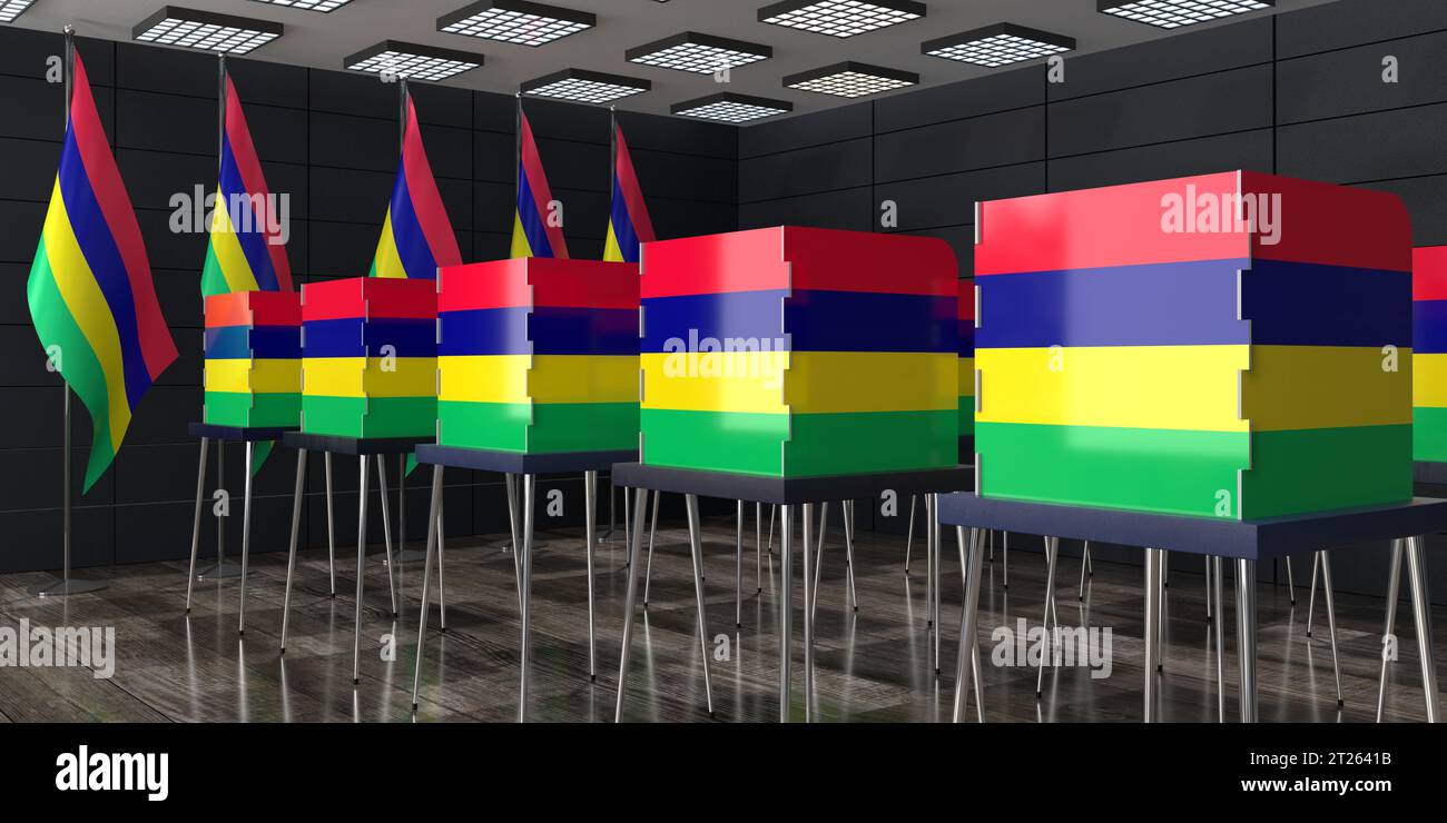 Mauritius - voting booths and national flags in polling station ...