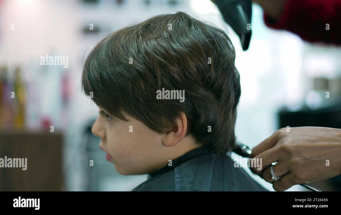 Professional Hairstylist Drying and Combing Child's Hair at Salon ...