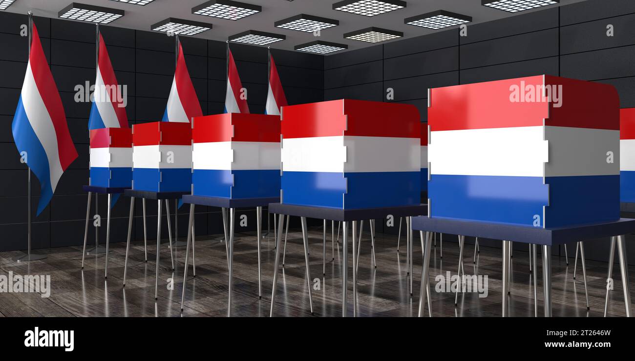 Netherlands - voting booths and national flags in polling station ...