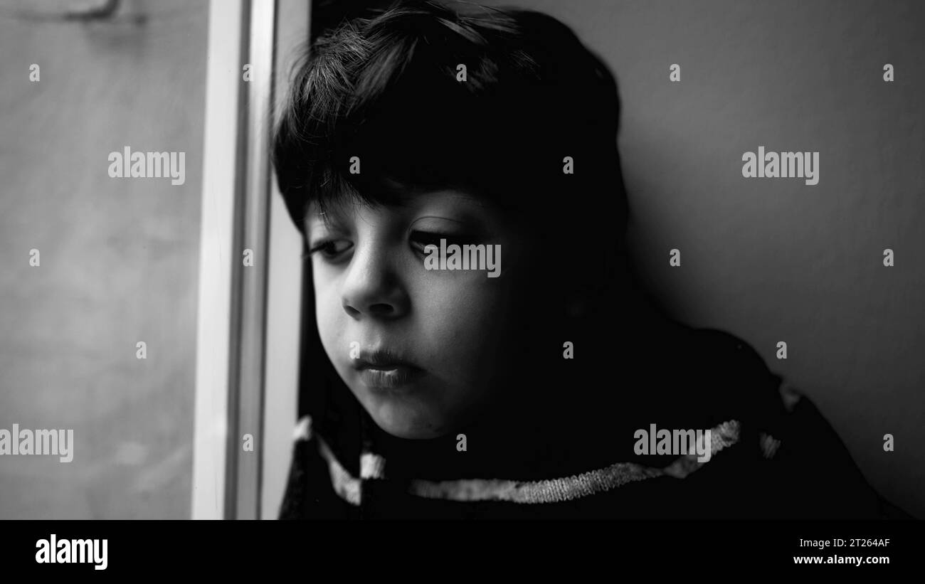 Lonely Sad Little Boy, Close-Up Face Looking Out Window, Depressed and ...