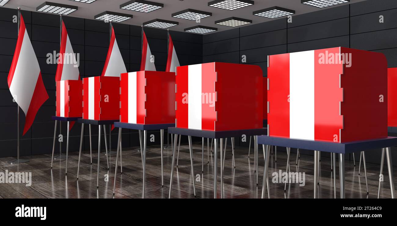 Peru - voting booths and national flags in polling station - election ...