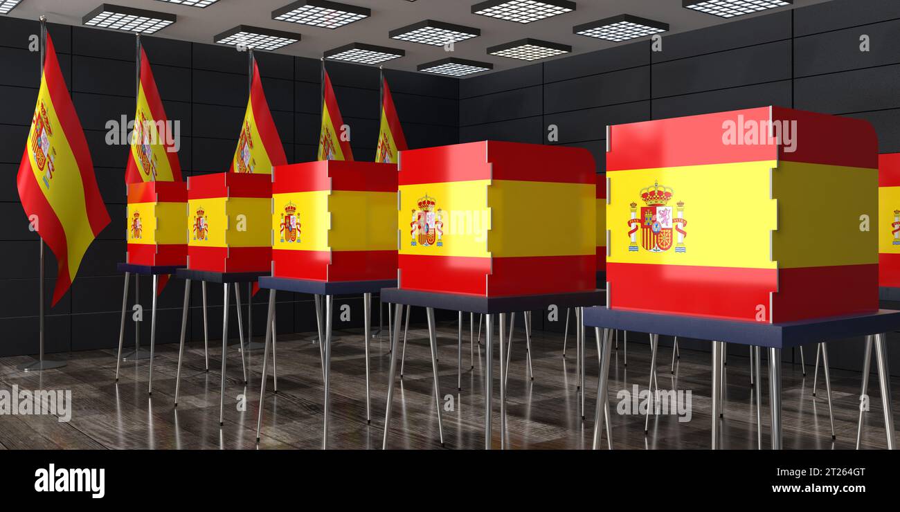 Spain - voting booths and national flags in polling station - election ...