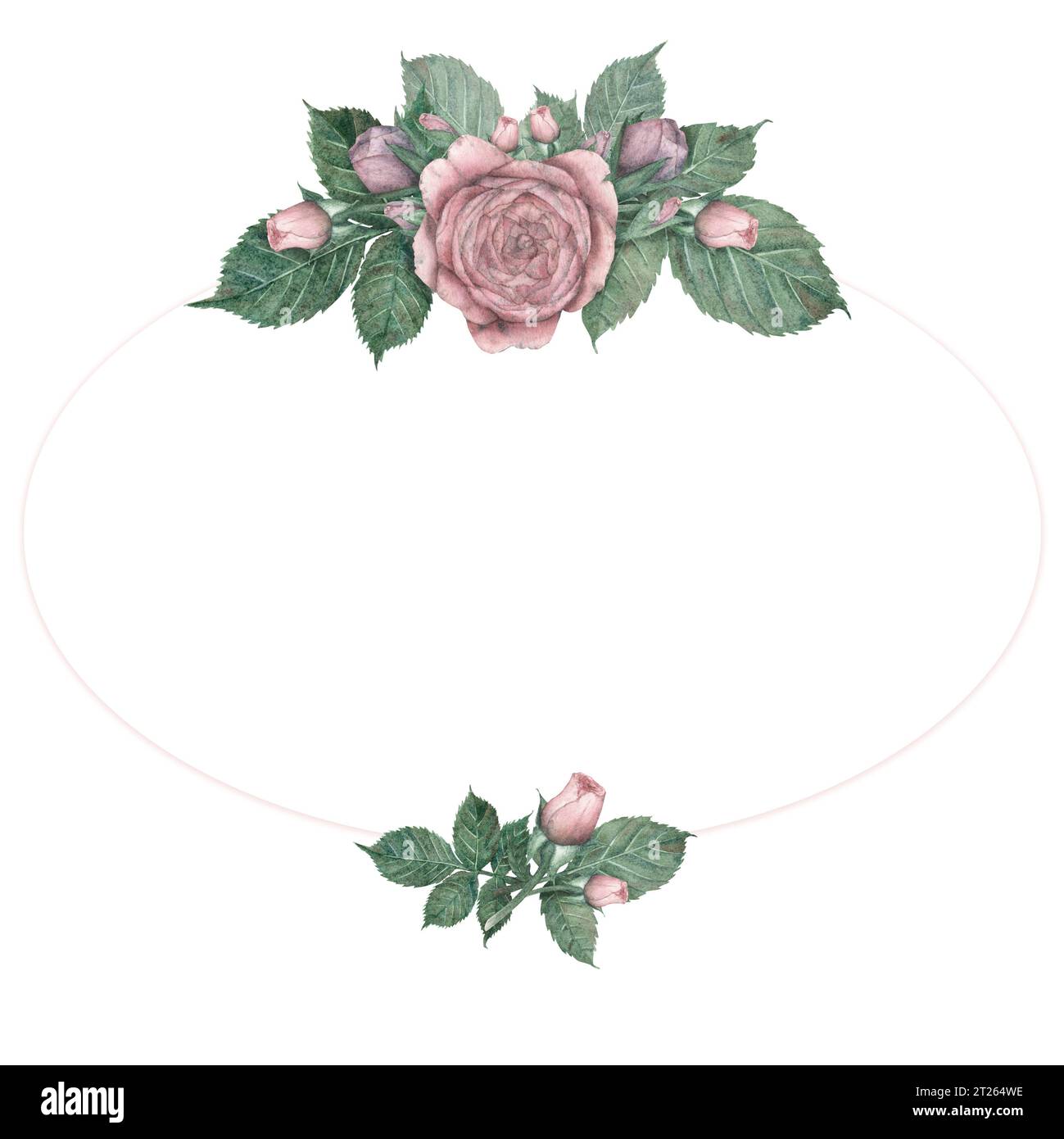 Watercolor oval frame with a composition of pink roses and green leaves ...